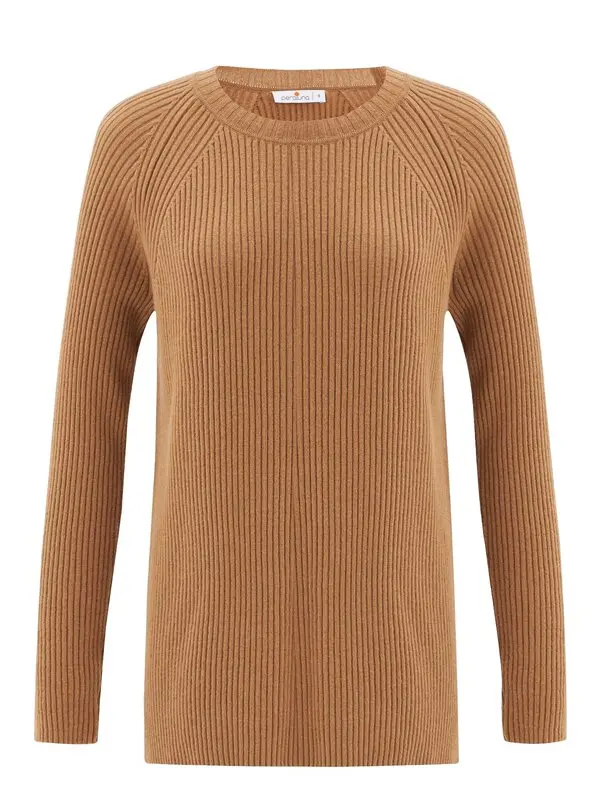 PERALUNA Cashmere Blend O-neck Ribbed Slit Pullover Camel - Brown