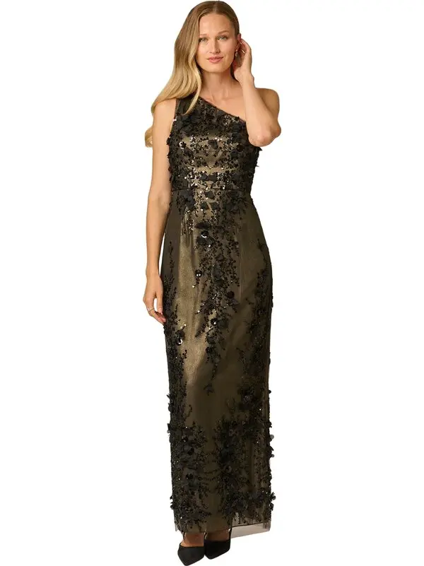 Adrianna Papell One Shoulder 3d Floral Sequin Beaded Gown In Black Gold - Black/gold
