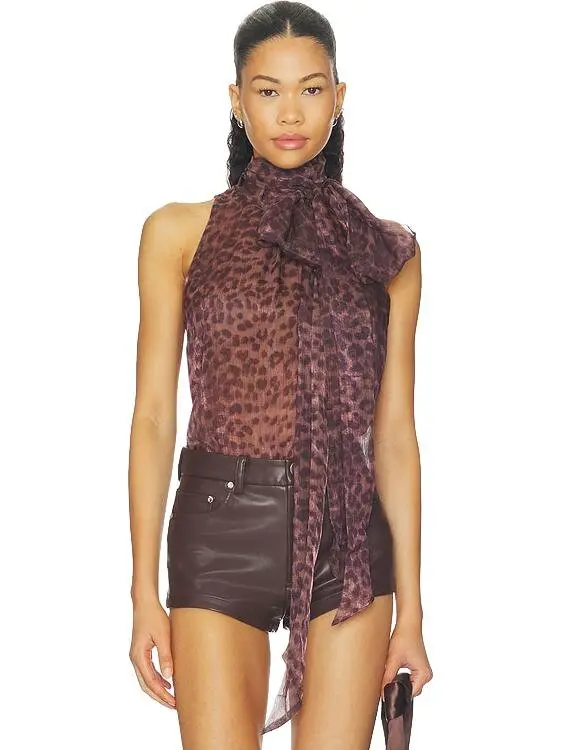 Bardot Arlette Neck Tie Printed Top In Brown - Leopard