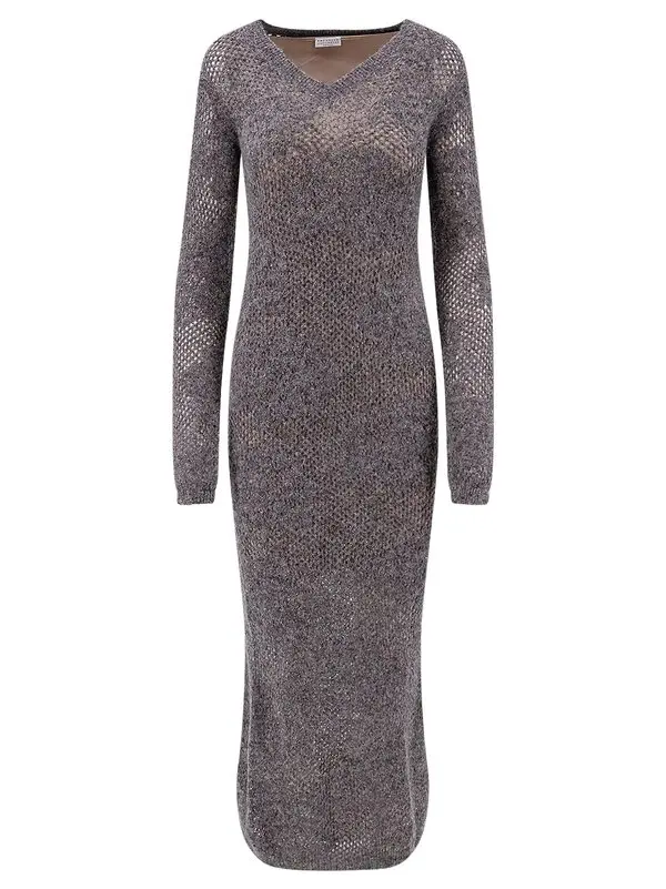 Brunello Cucinelli Flower Lace Sparkling Mohair And Virgin Wool Knit Dress - Grey