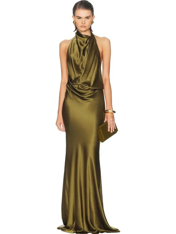 THE SEI Halter Drape Bias Gown In Green - Olive
