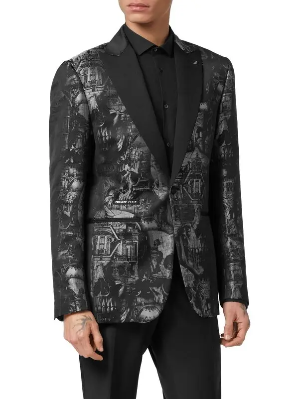 Philipp Plein Single-breasted Blazer With Peak Lapels And All-over Skull Print - Black