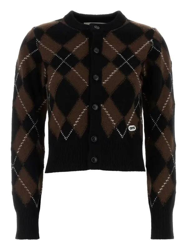 AMI Paris Embroidered Virgin Wool Cardigan - Checked