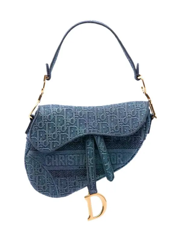 Dior 2019 Oblique Embroidered Denim Saddle Bag Shoulder Bag - Blue
