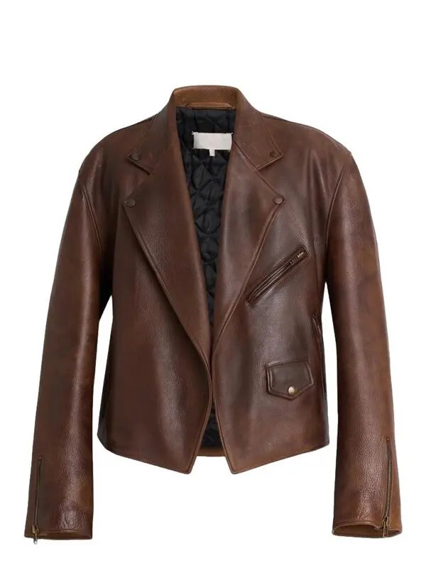MAISON MARGIELA Notch Lapel Leather Biker Jacket - Cognac