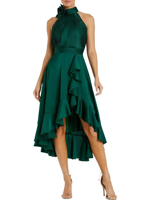 Mac Duggal Cocktail Satin Rosette-detailed Halterneck Dress - Emerald