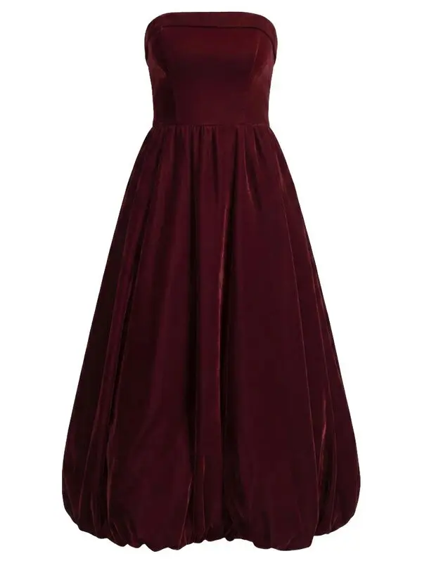 Mac Duggal Velvet Strapless Bubble Hem Midi Dress - Wine