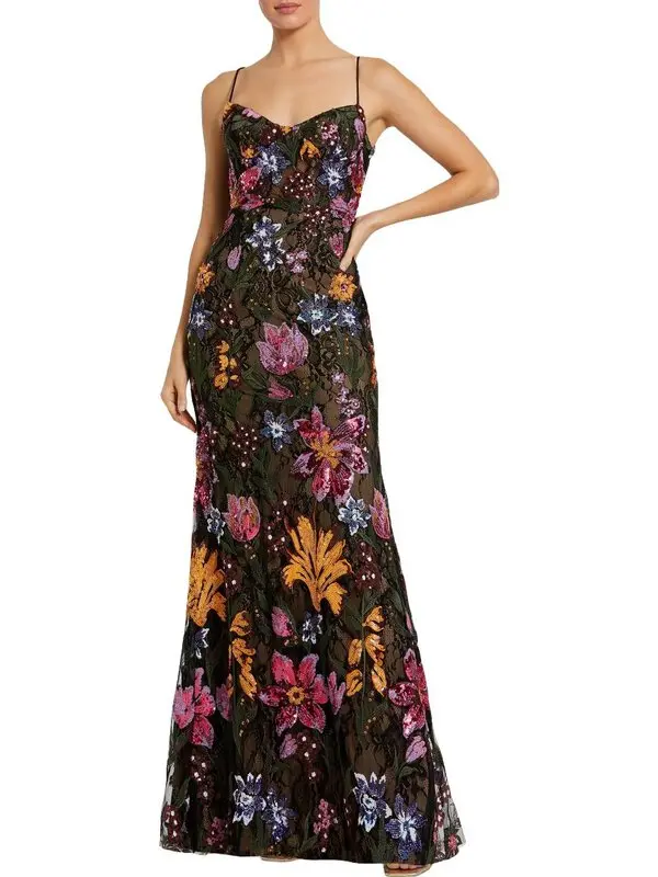 Mac Duggal Embellished Floral Lace Sweetheart Gown - Black Multi