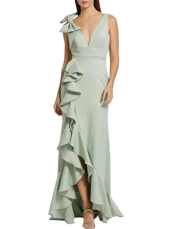 Mac Duggal Ieena Crepe V-neck Ruffle Gown - Sage