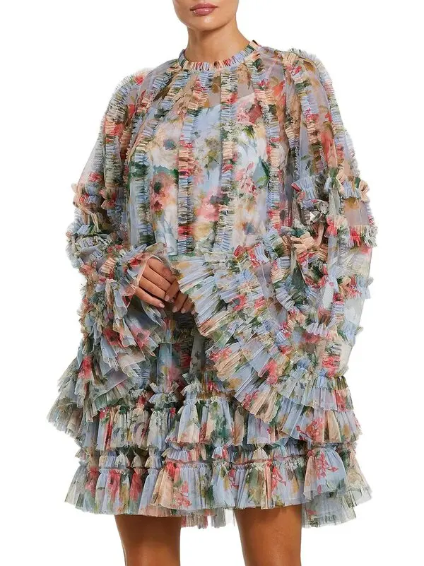 Mac Duggal Cocktail Ruffled Floral Tent Dress - Blue Multi