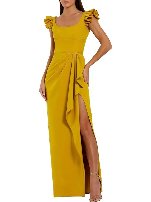 Mac Duggal Ruffled Crepe Column Gown - Chartreuse
