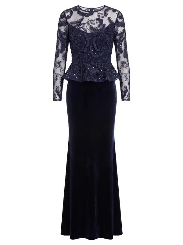 Mac Duggal Embroidered Peplum Velvet Gown - Midnight