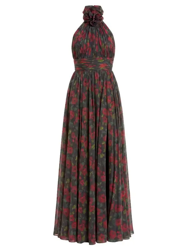 Mac Duggal Floral Chiffon High Neck Gown - Black Multi