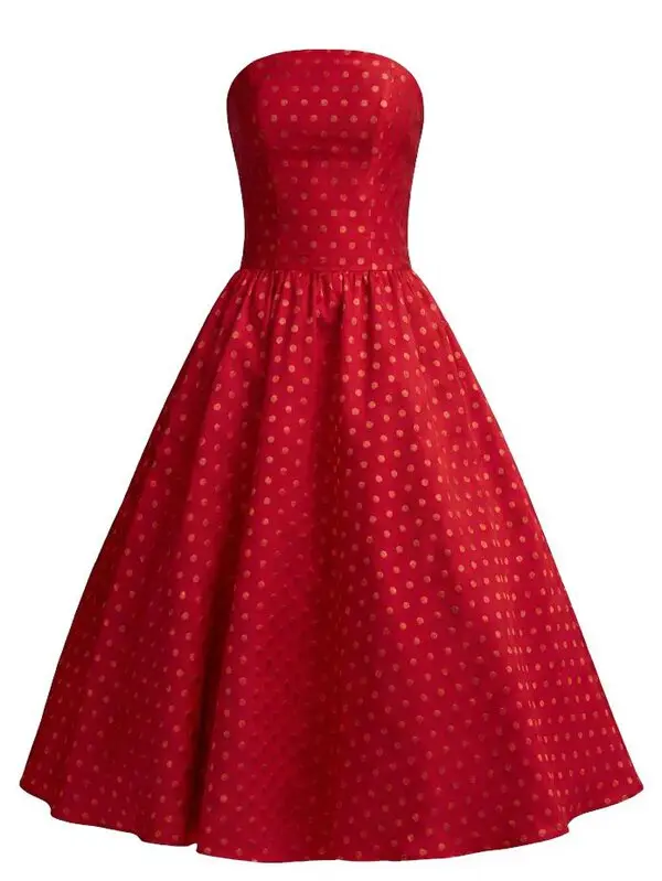 Mac Duggal Polka Dot Brocade Strapless Midi Dress - Red Multi