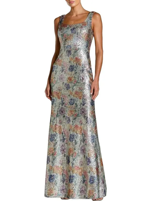 Mac Duggal Floral Sequined Sleeveless Metallic Gown - Silver Multi