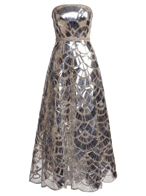 Mac Duggal Strapless Scallop Beaded Rhinestone Ballgown - Silver