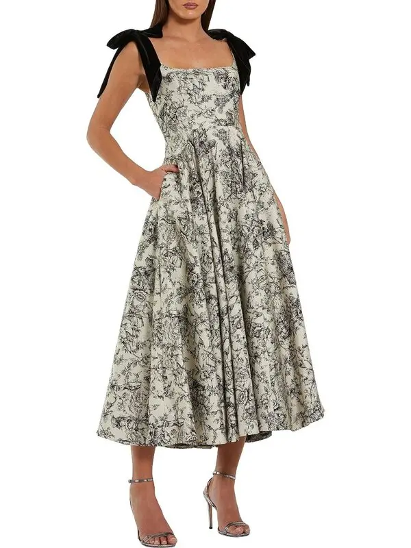 Mac Duggal Brocade Bow A-line Midi-dress - Black Multi