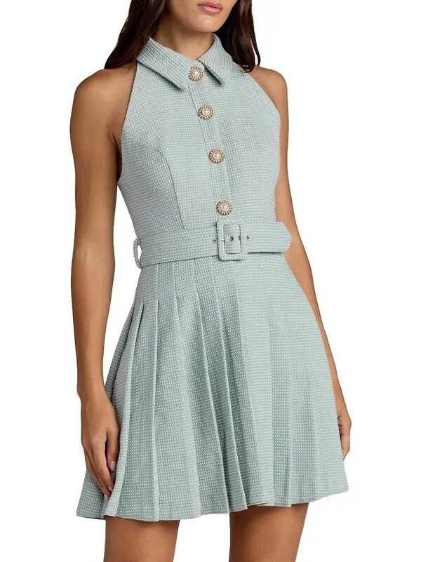 Mac Duggal Bouclé Pleated Button-front Minidress - Sage