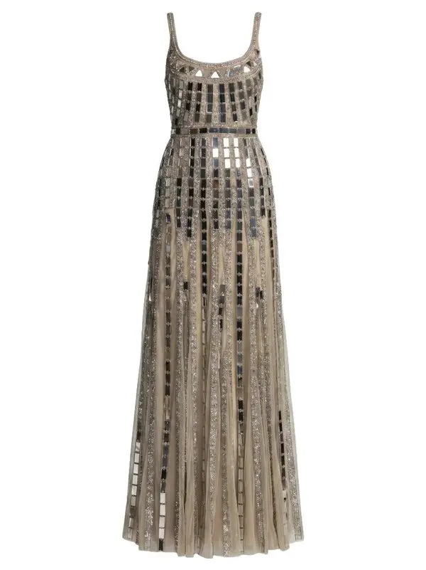 Mac Duggal Mirror Embellished Mesh Gown - Silver