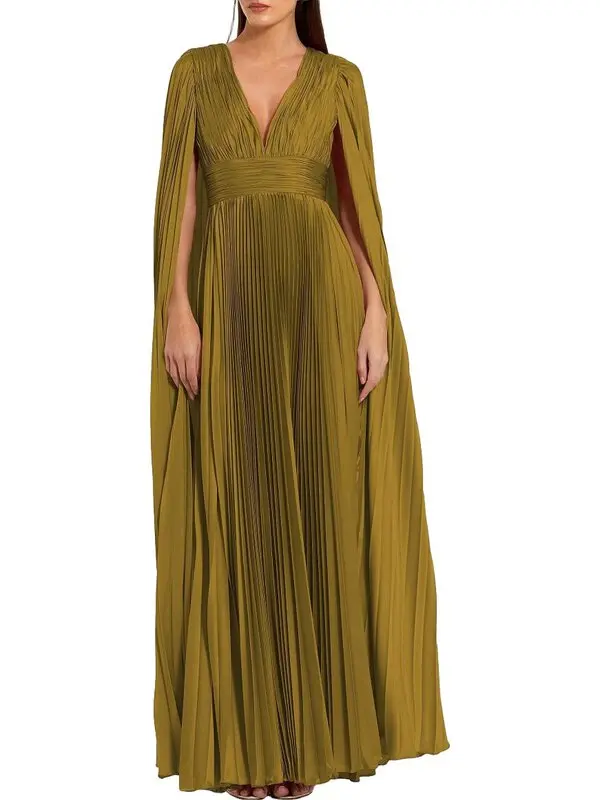 Mac Duggal Petite Ieena 1 Pleated Satin A-line Cape Gown - Chartreuse