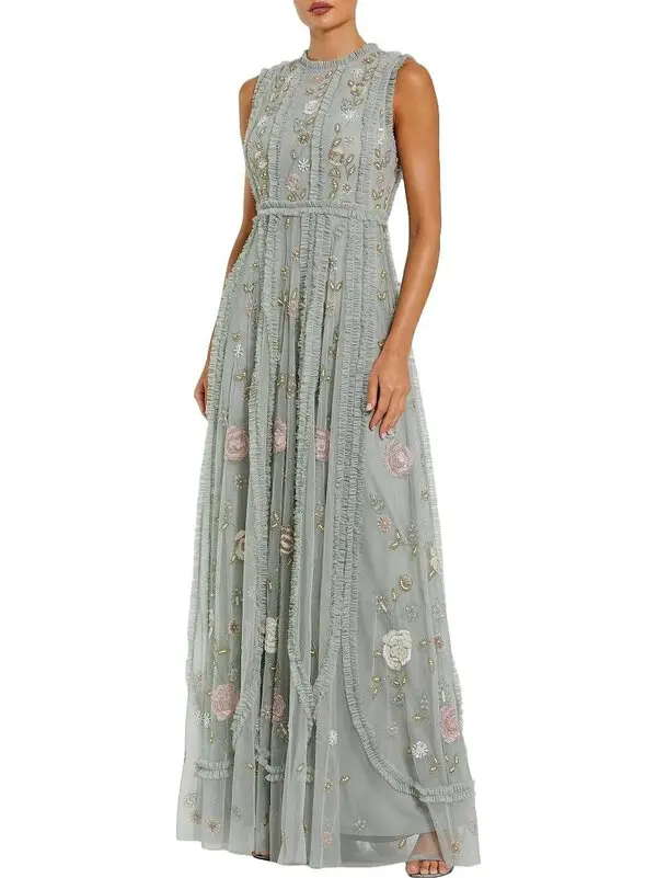 Mac Duggal Petite Floral-embroidered Ruffled Mesh Gown - Sage Multi