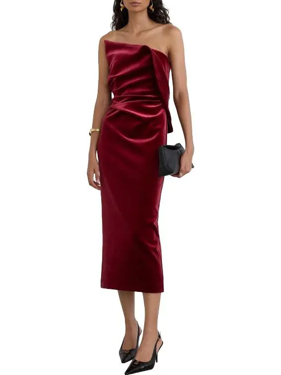 REISS Dasha Strapless Velvet Midi Dress - Red