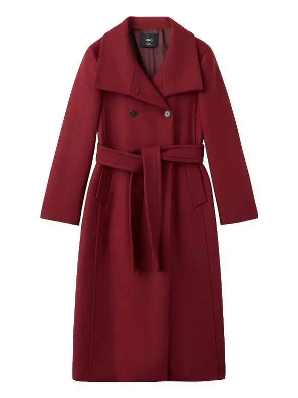 Mango Sirenita Belted Wool Blend Coat - Red