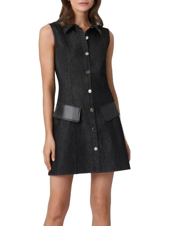 Shoshanna Leather Denim Mixed Media Izzy Dress - Jet