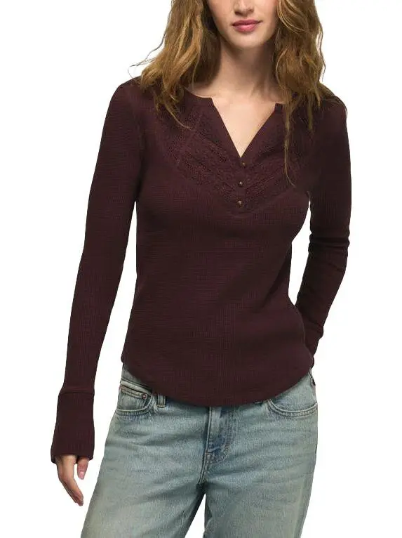 Lucky Brand Lace Trim Waffle Stitch Henley Top - Fudge