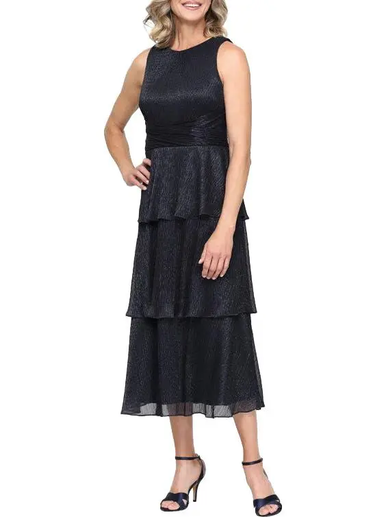 SL FASHIONS Shimmer Tiered Sleeveless Bodre Cocktail Dress - Navy