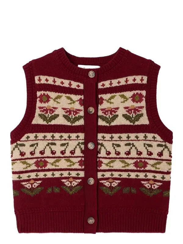 Bonpoint Meriam Sleeveless Wool Jacquard Cardigan - Red