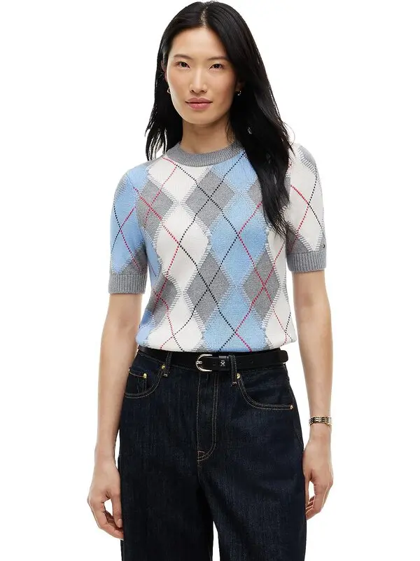 Tommy Hilfiger Short-sleeve Argyle Crewneck Sweater - Blue/grey Argyle