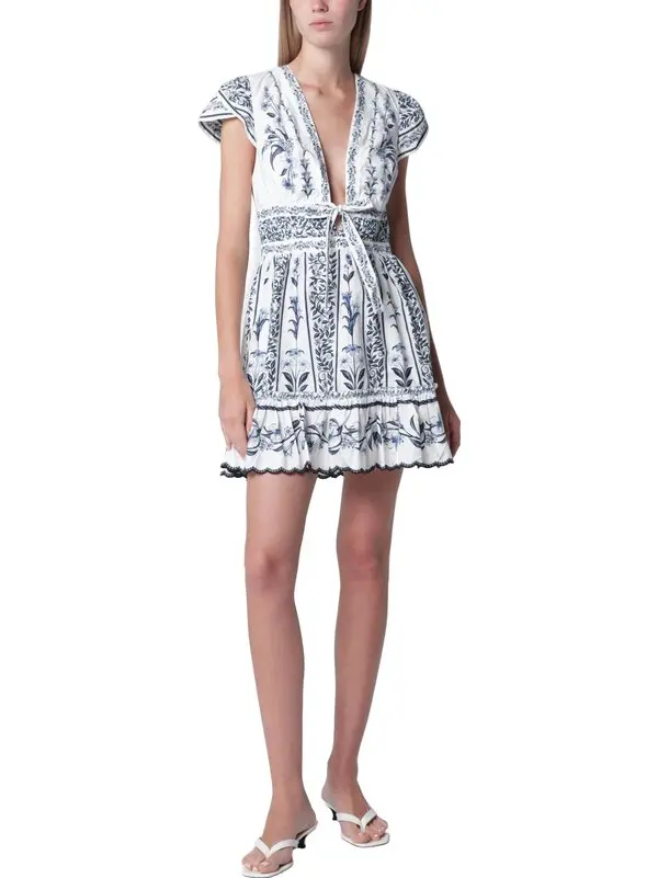 FARMRIO Ivory Mini Dress With Blue Floral Print - White