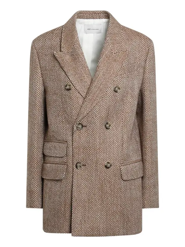 AMI Paris Double-breasted Blazer In Virgin Wool - Brown