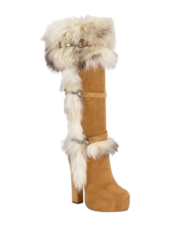 AZALEA WANG Rylan Faux Leather Knee High Boot With Faux Fur Trim - Camel