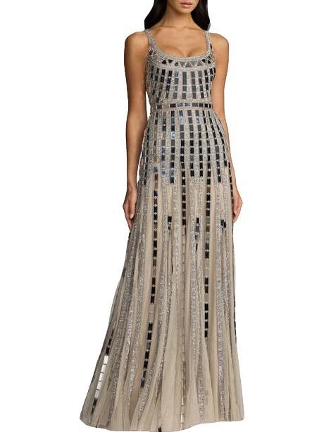 Mac Duggal Sleeveless Geometric Mirror Embellished Gown - Silver