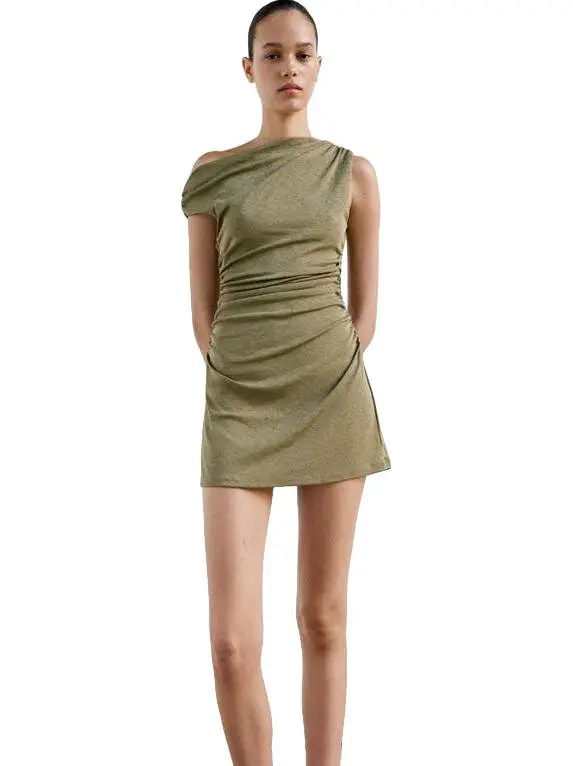 Mango Ruched One-shoulder Minidress - Khaki Green