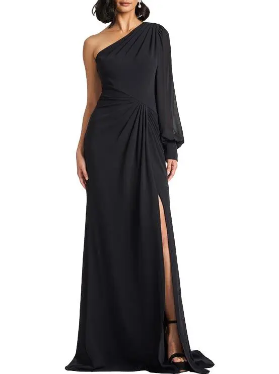Tadashi Shoji One Shoulder Chiffon Sleeve Gown - Black