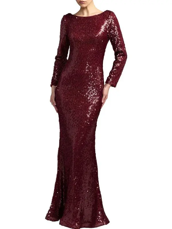 Mac Duggal High Neck Long Sleeve Cowl Back Sequin Gown - Ruby