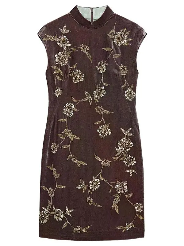 Shanghai Tang Qipao Beaded Mini Dress - Red
