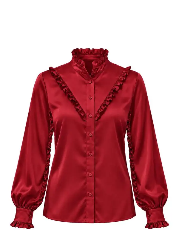 CARLOSLINES Ruffle Stand Collar Long Sleeve Shirt In Burgundy Solid - Red