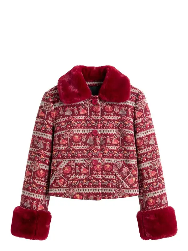 LOUCHE Kent Heirloom Jacquard Fur Trim Cropped Jacket Wine - Red