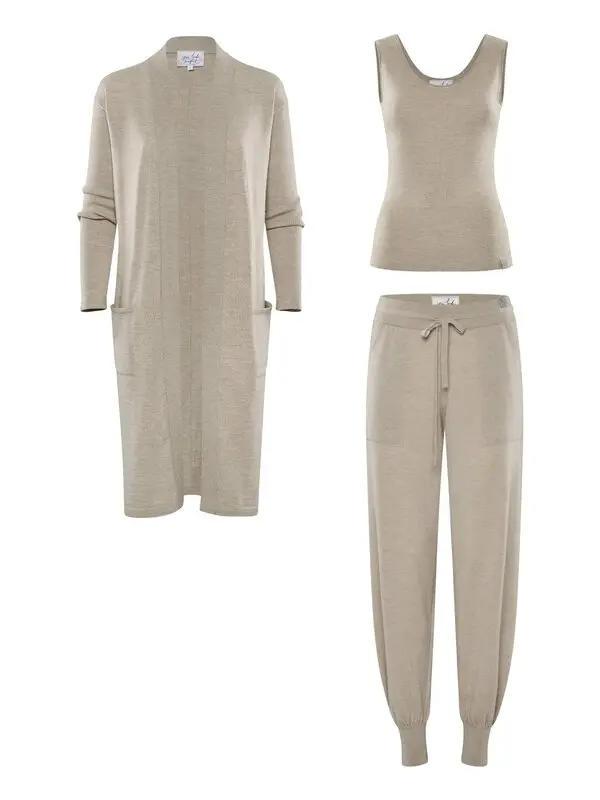 YOU LOOK PERFECT Merino Loungewear Set, Cardigan Blossom & Top Blossom & Pants Bella - Brown