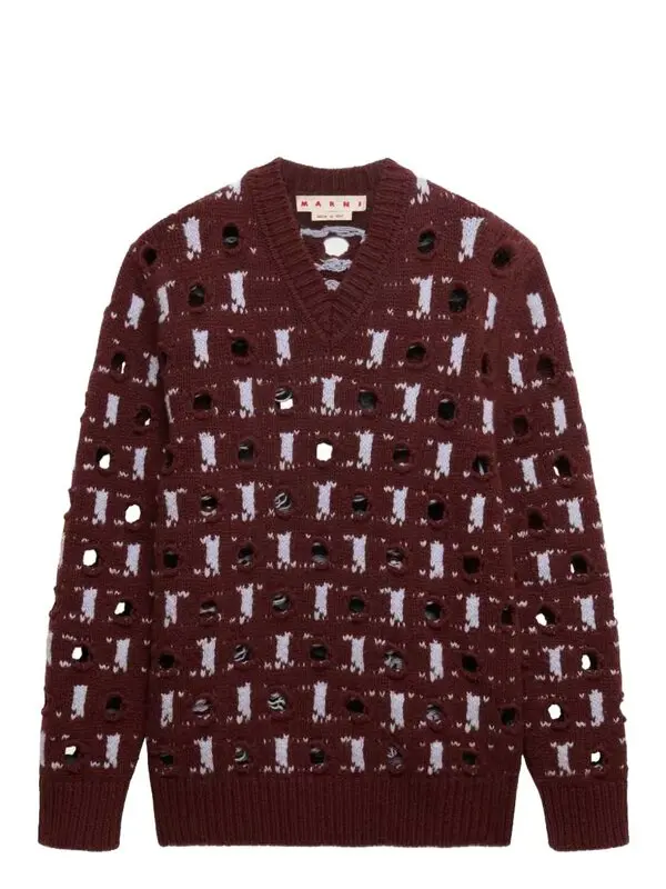 Marni Brown Wool And Cashmere Sweater With Openwork Polka Dots - Red