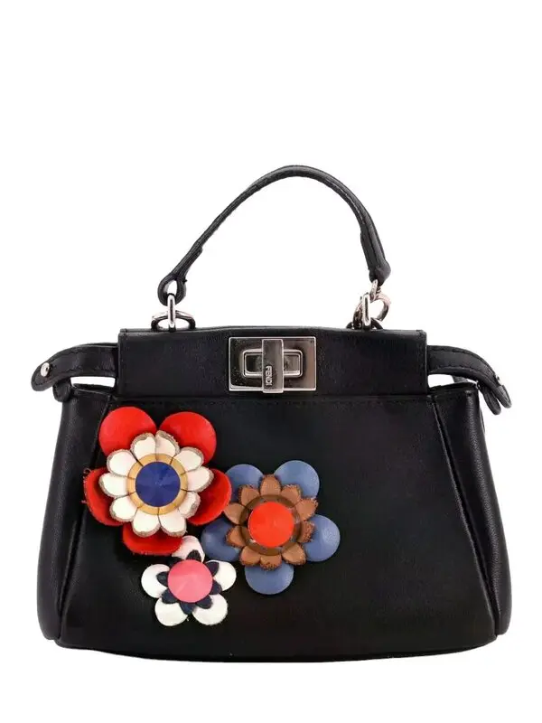 Fendi Peekaboo Bag Floral Embellished Leather Micro Satchel - Black