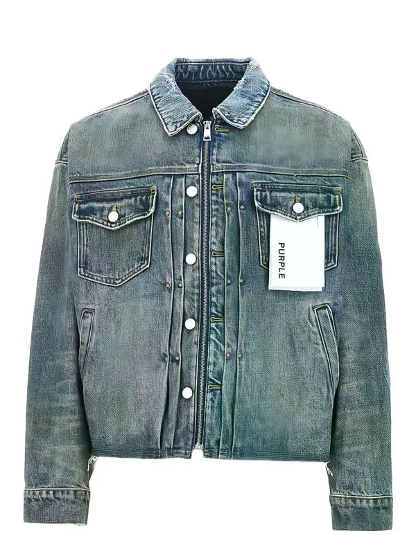 PURPLE BRAND Reflective Selvedge Distressed Studded Denim Jacket - Blue