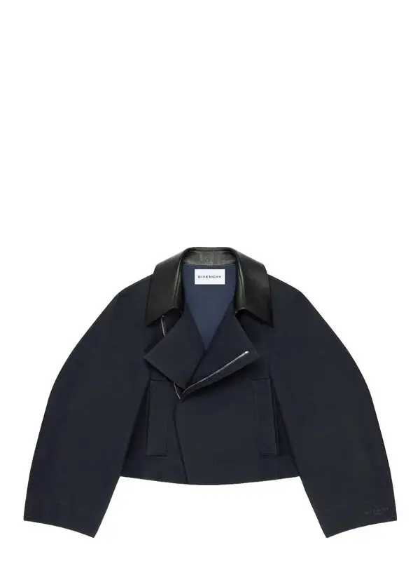 Givenchy Short Cotton And Wool Coat With Leather Collar - Blue