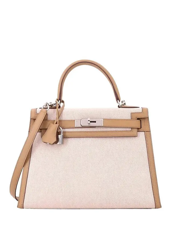 Hermès Kelly 28 Handbag Toile And Brown Swift With Palladium Hardware - Biscuit