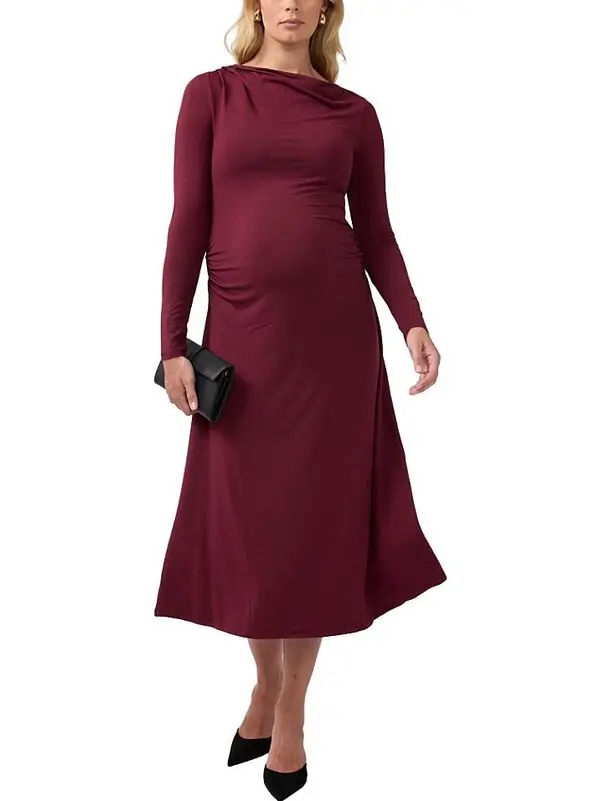 INGRID & ISABEL Ruched Mock Neck Maternity Midi Dress - Cranberry