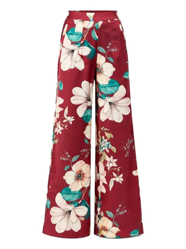 CARLOSLINES Pleat Dart Detail Pullover Satin Palazzo Wide Leg Pants In Burgundy Multi Romantic Floral Print - Red